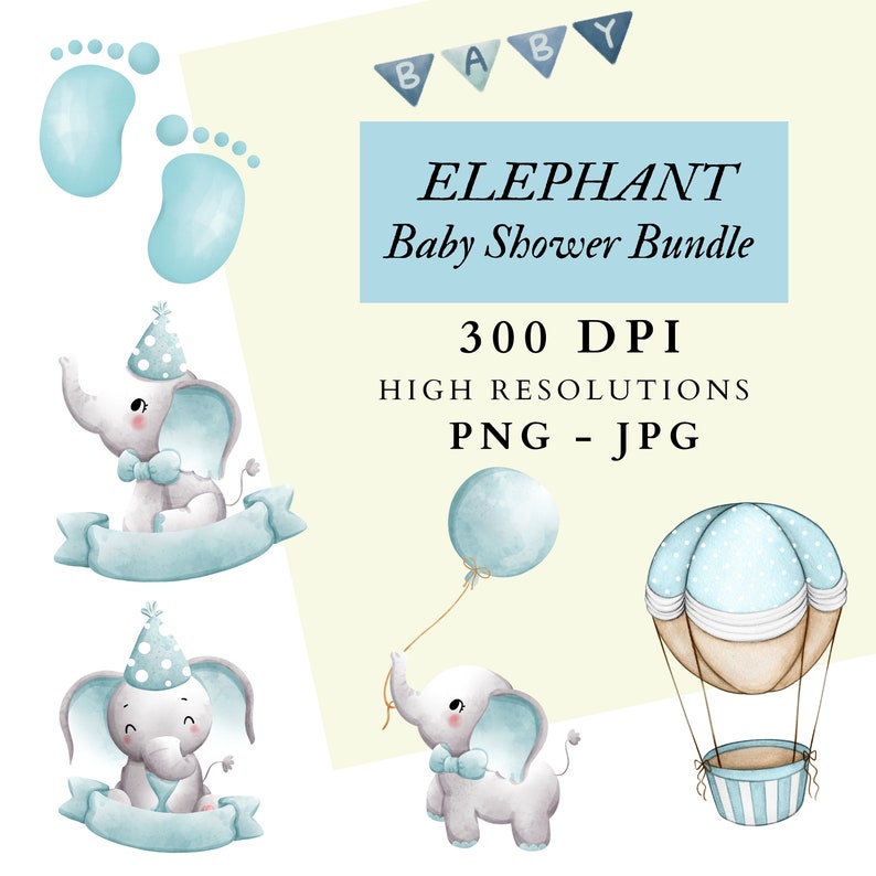 Blue Elephant Baby Shower Clipart Bundle, Baby Shower for a Boy Design ...