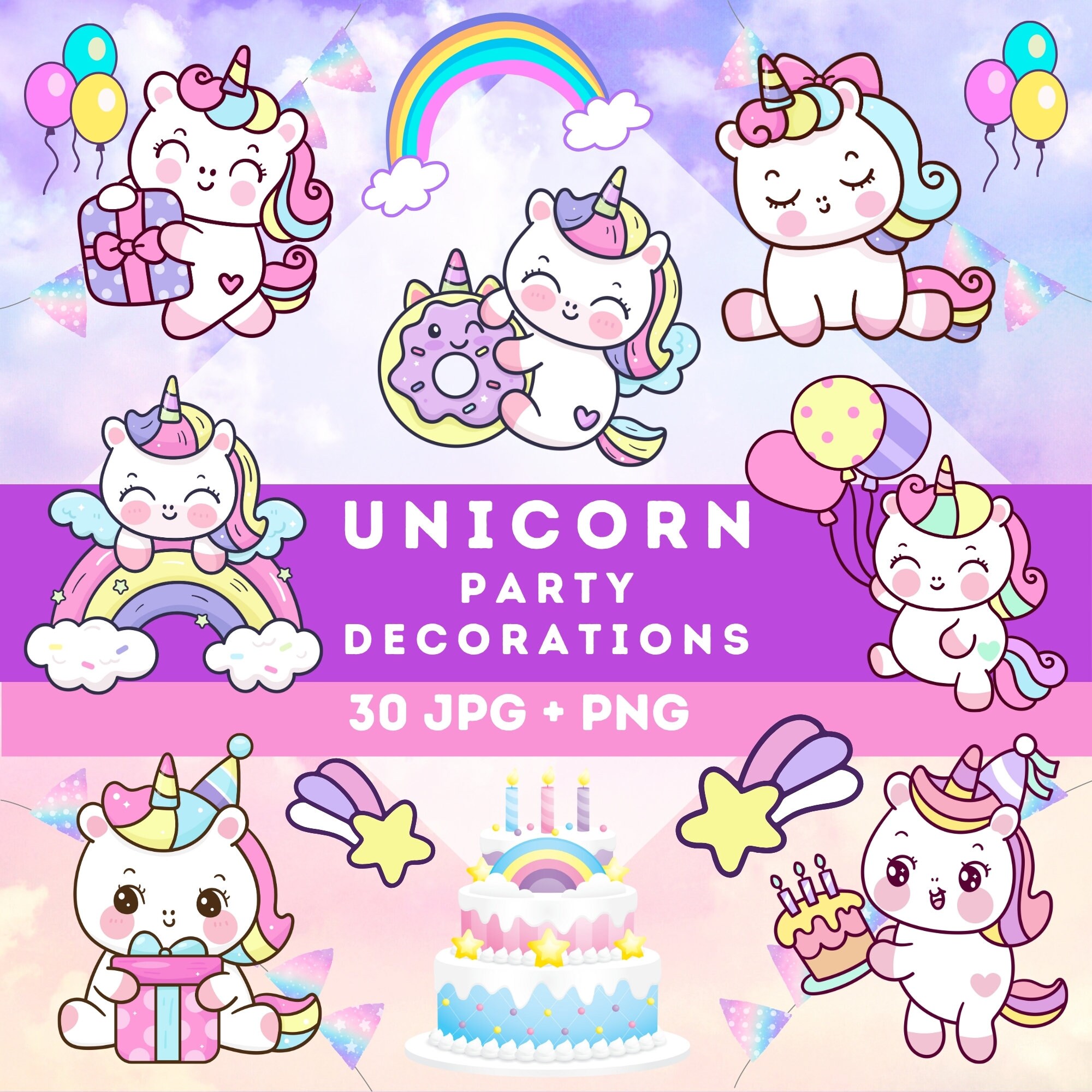 Unicorn Party Decorations Clipart Bundle, Birthday Unicorn PNG, Numbers ...