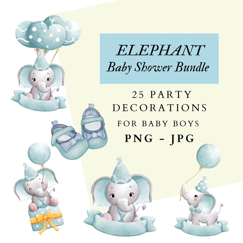 Blue Elephant Baby Shower Clipart Bundle, Baby Shower for a Boy Design ...