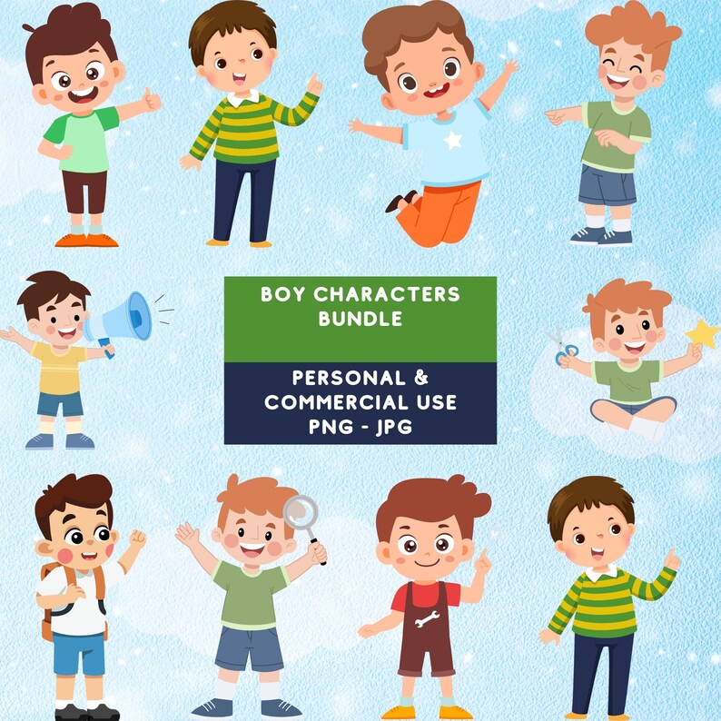 Boy Characters Clipart Bundle, Cute Kids PNG, Children Clipart, Happy ...