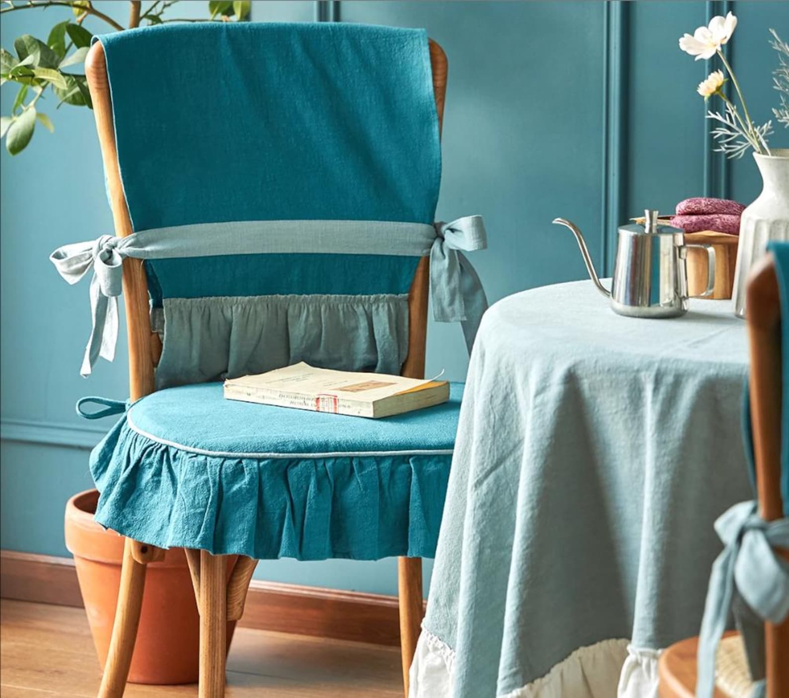 Solid Chair Pads With French Ruffled Skirt,chair Back Slipcovers Rustic ...