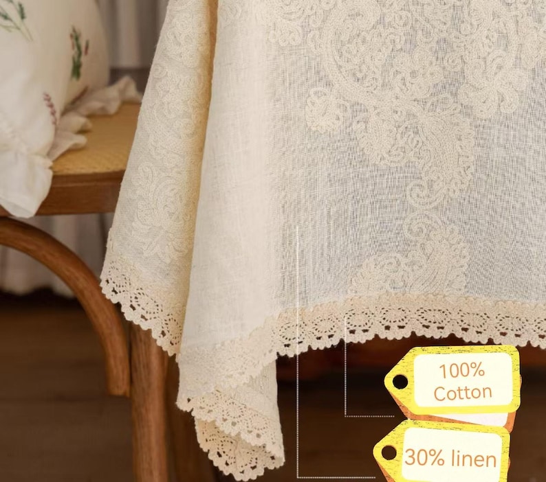 French Country Linen Cotton Tablecloth With Embossed Embroidery and ...