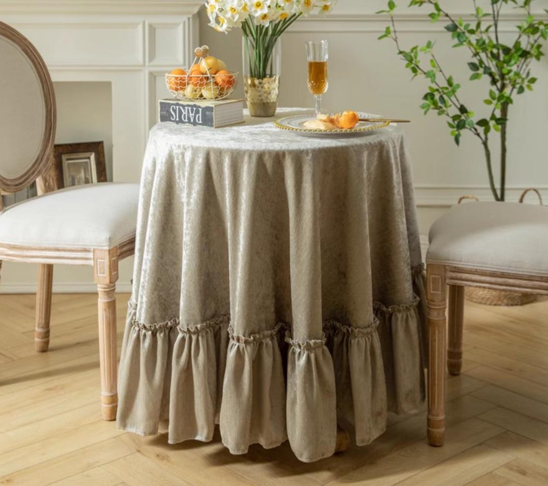 French Minimalist Solid Retro Round Tablecloth With Handmade Ruffled ...