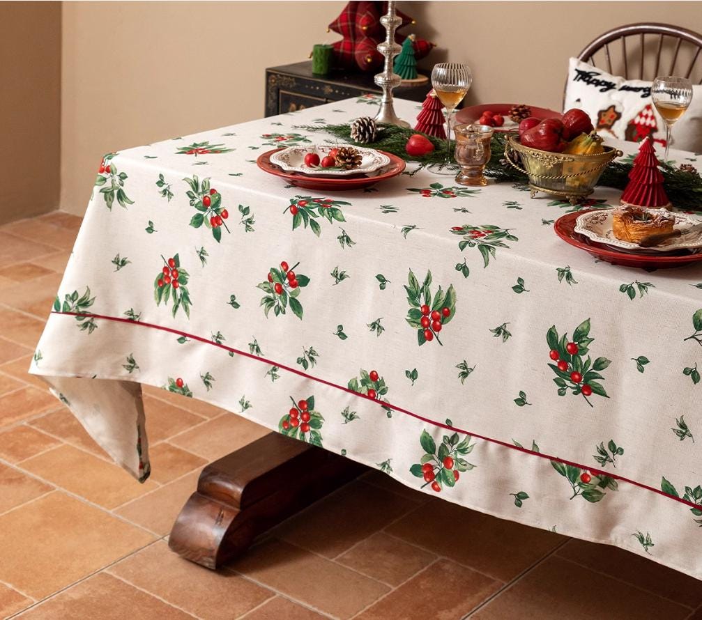 Linen Tablecloth Cherry Pattern Tablecloth Festival Holiday ...