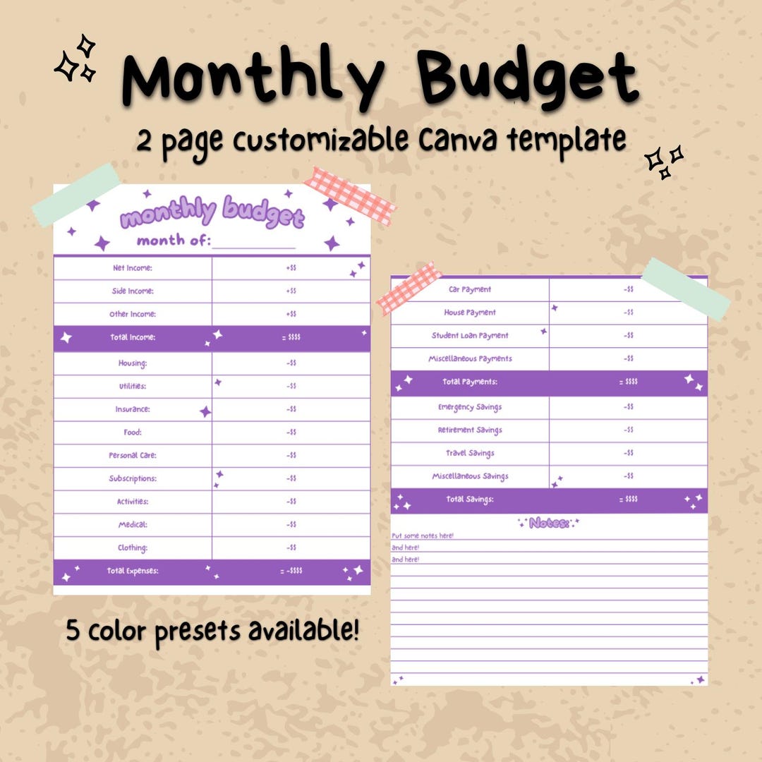 Monthly Budget Template Fully Customizable Canva Template 5 Color ...
