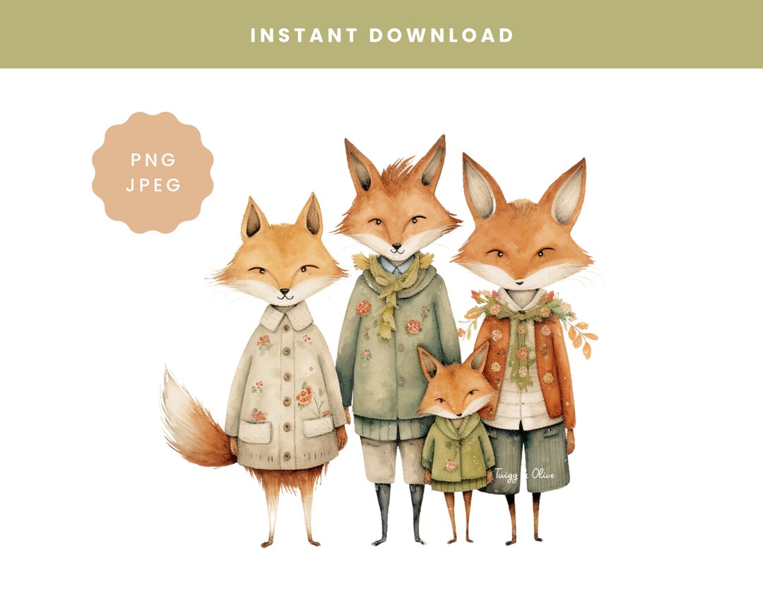 Fox Family Watercolor Nursery Art Digital Wedding Illustration Clipart ...