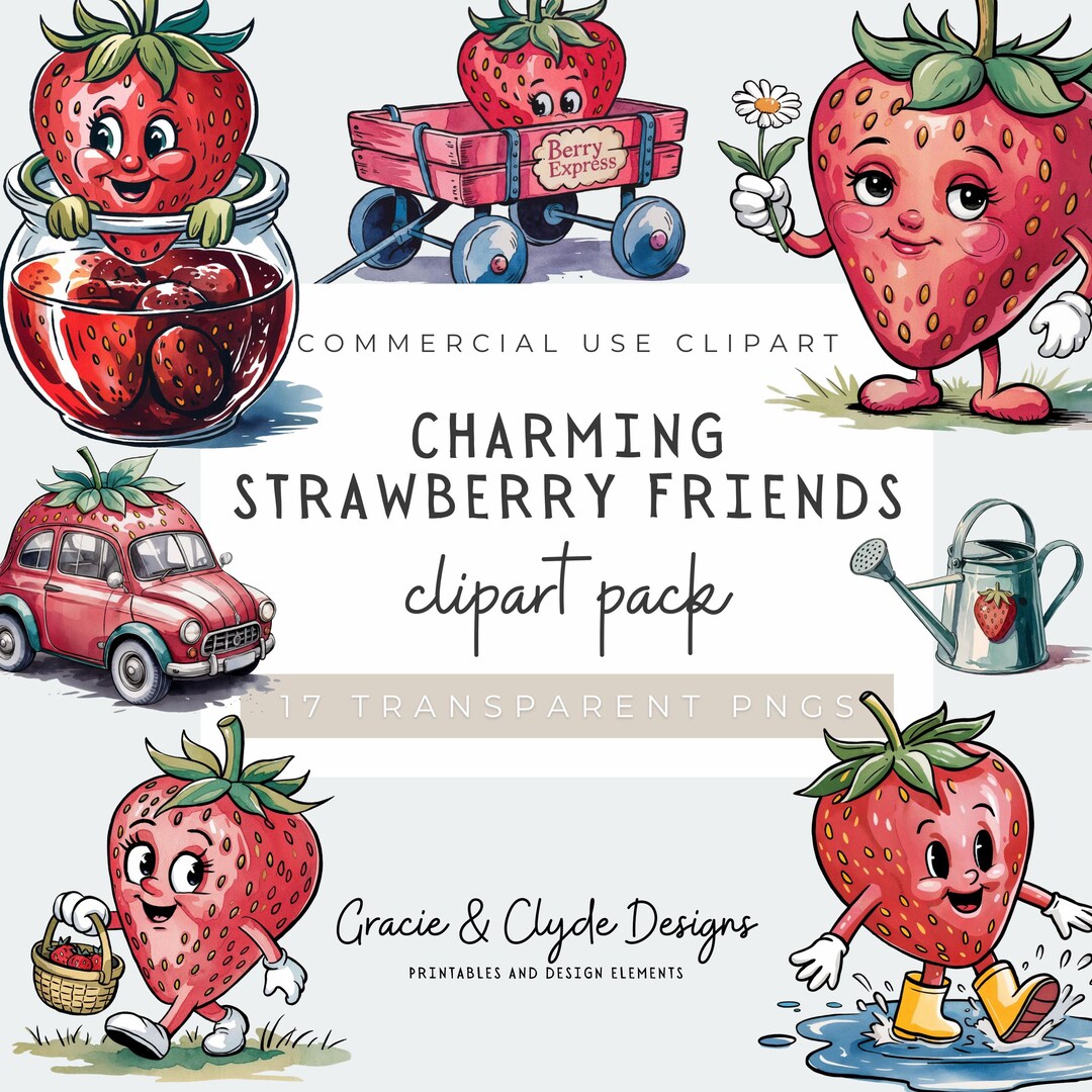 Charming Strawberry Friends Clipart, PNG, Vintage-inspired, Adorable ...