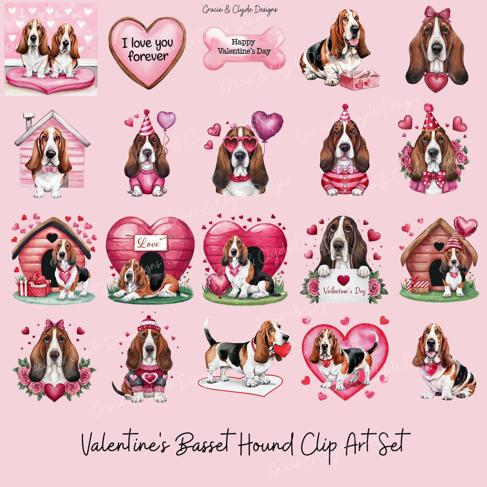 Valentine's Basset Hound Clip Art Set, 20 Pngs, Valentine's Day Clipart ...