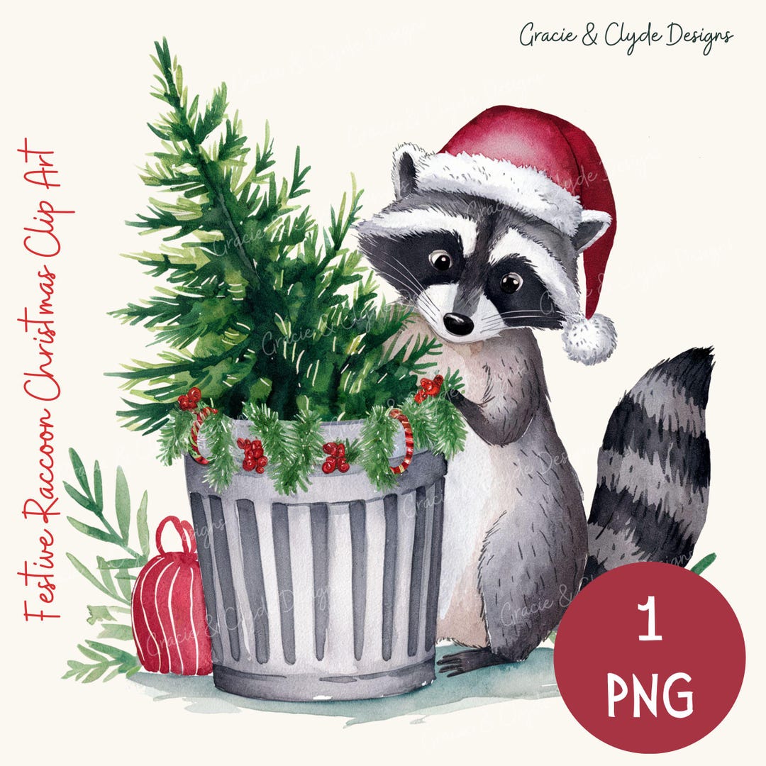 Festive Raccoon Christmas Clip Art, Watercolor Christmas, Woodland ...