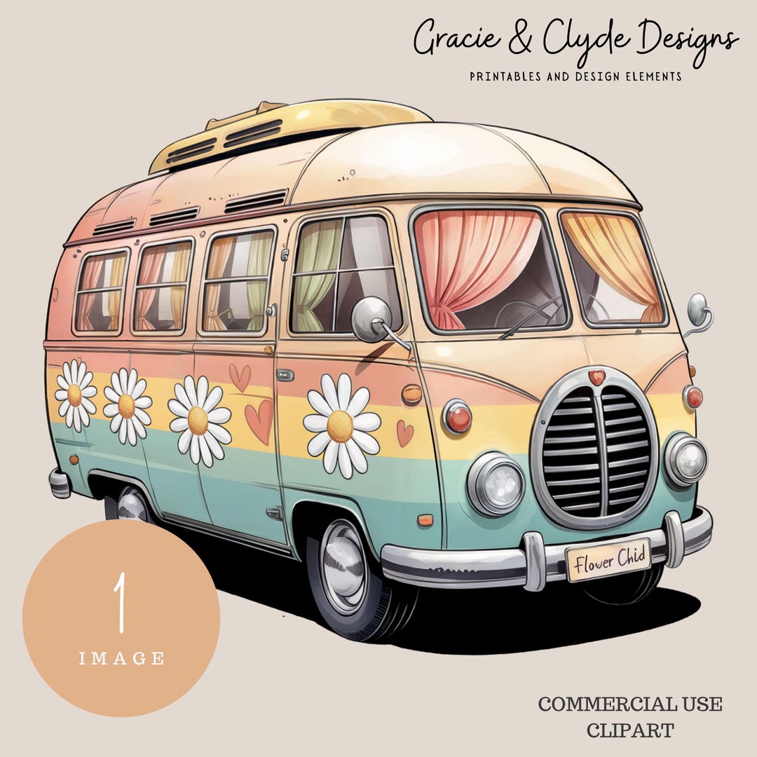 Peaceful Petals Van | Groovy Retro Camper Clipart | PNG | Hippie Van ...