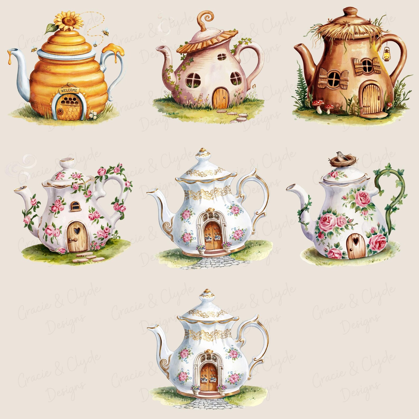 Enchanted Teapot Cottages, Whimsical Fairy House Clipart, PNG ...