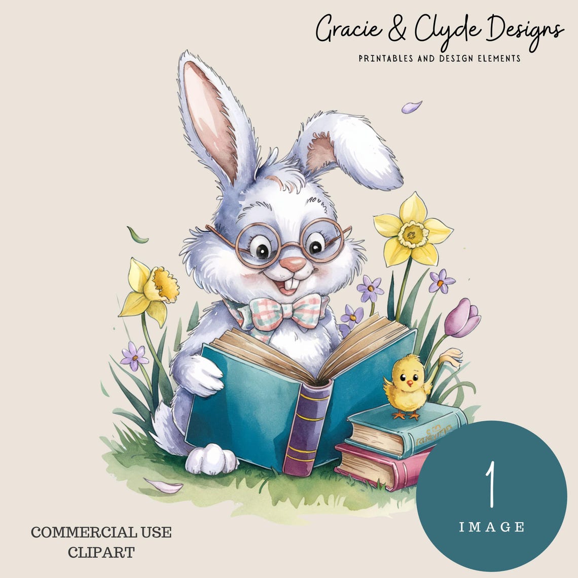 Whimsical Easter Bunny Reading Clipart, PNG, Spring Floral Digital Art ...