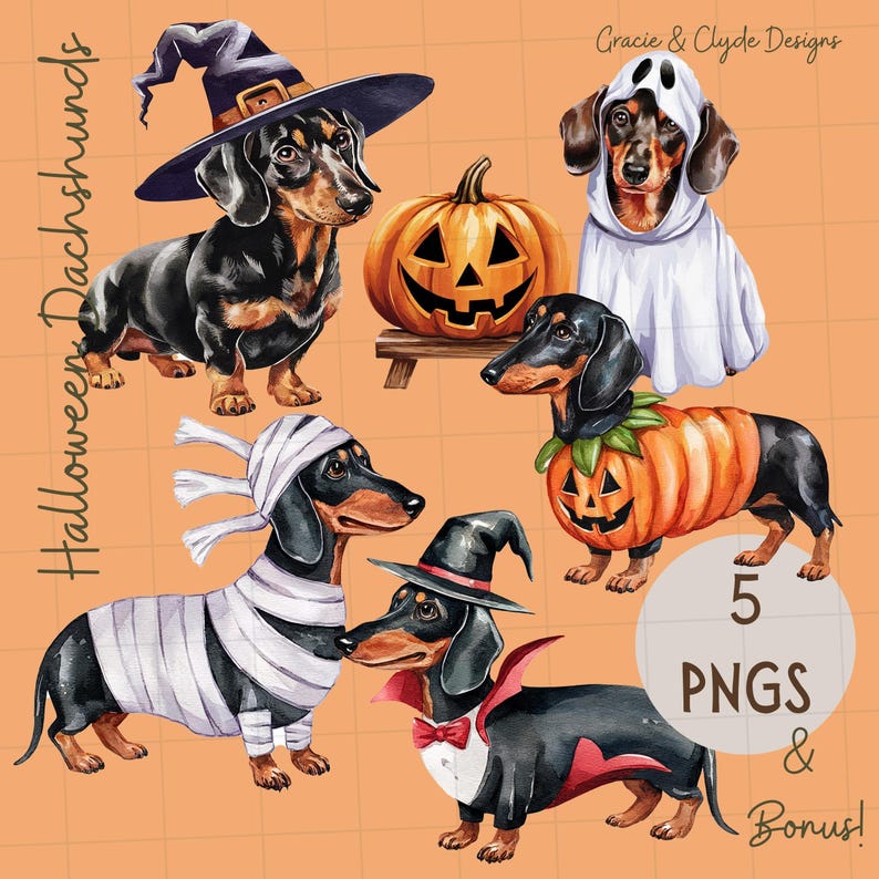 Watercolor Halloween Dachshunds Clipart Pack, 6 Pngs, Cute Dog Clipart ...