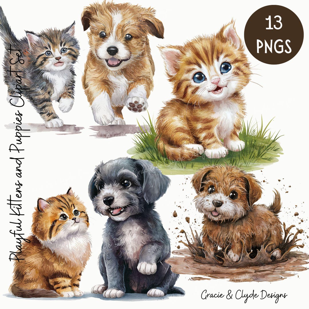 Whimsical Watercolor Clipart Set: Playful Kittens and Puppies, 13 Pngs ...