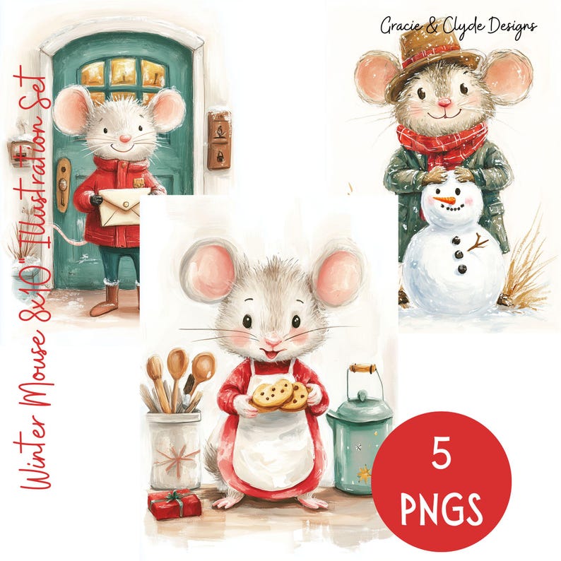 Winter Mouse Illustration Clipart Set, PNG File, Christmas Mouse ...