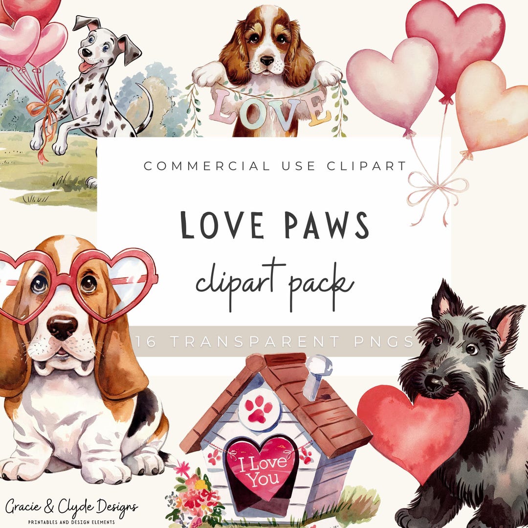 Love Paws, Valentine's Day Dog Clipart Set, 16 Pngs, Valentine's Day ...