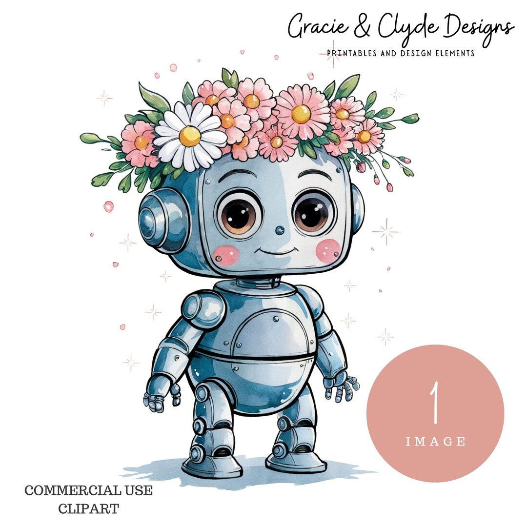 Bloom Bot Clipart | Cute Robot With Floral Crown | Whimsical AI Spring ...