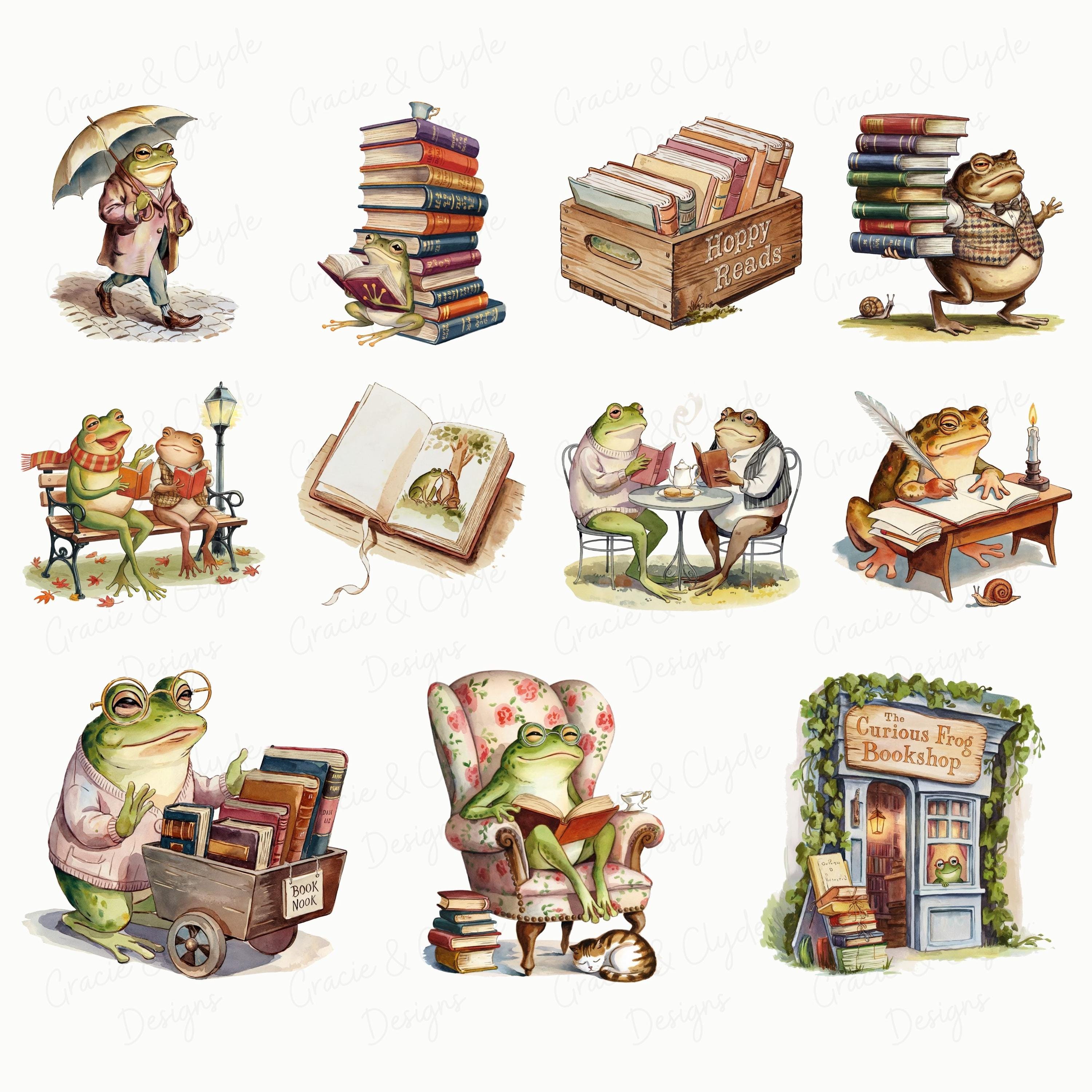 Hoppy Reads Frog & Toad Clipart Set, Frog Book Club, PNG, Whimsical ...