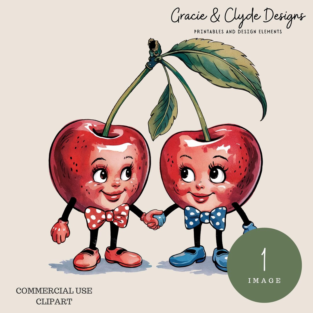 Cherry Love Clipart | Vintage Kawaii Fruit Duo | Cute Cherry Characters ...