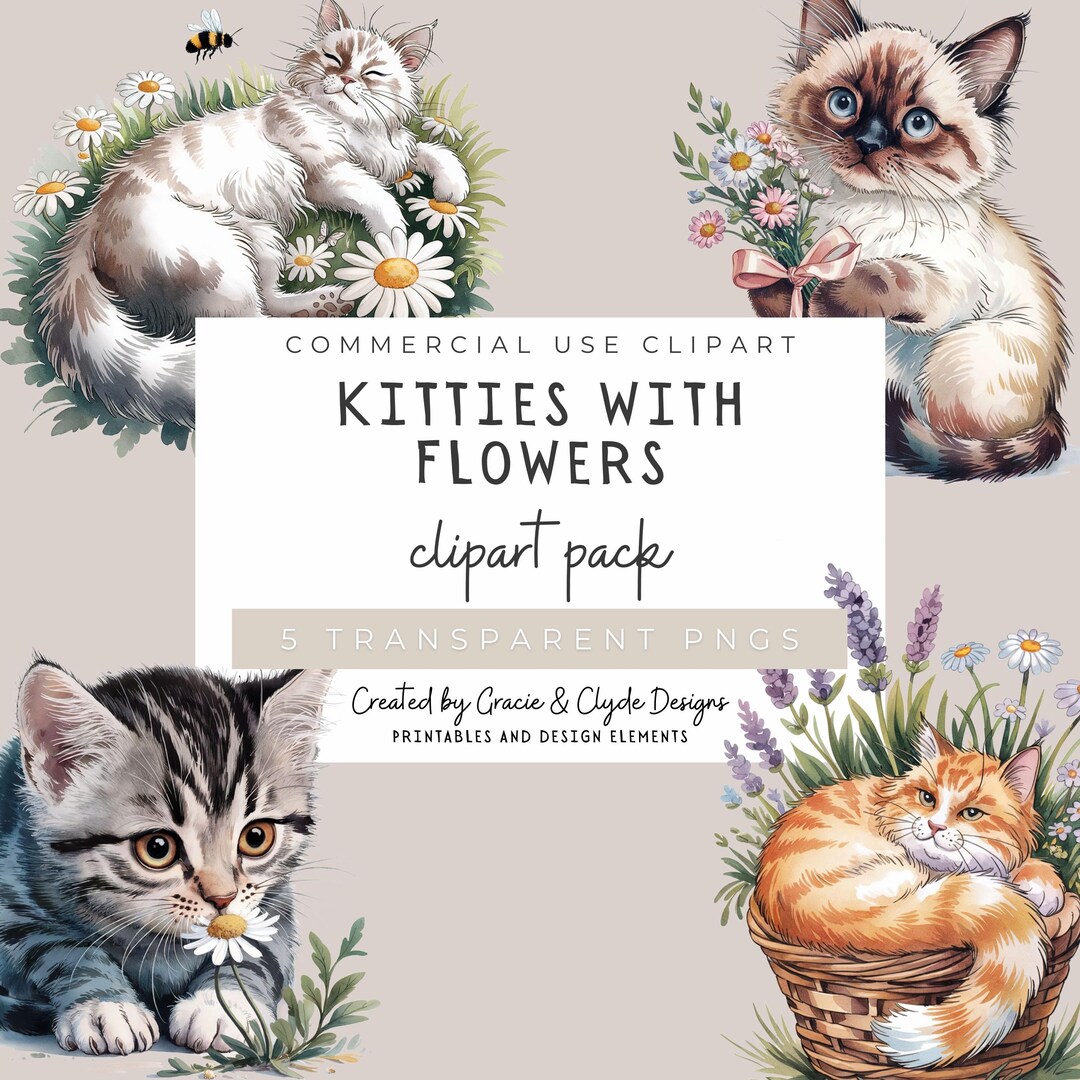 Whimsical Watercolor Kittens Clipart Set, PNG, Floral Cottagecore Cats ...
