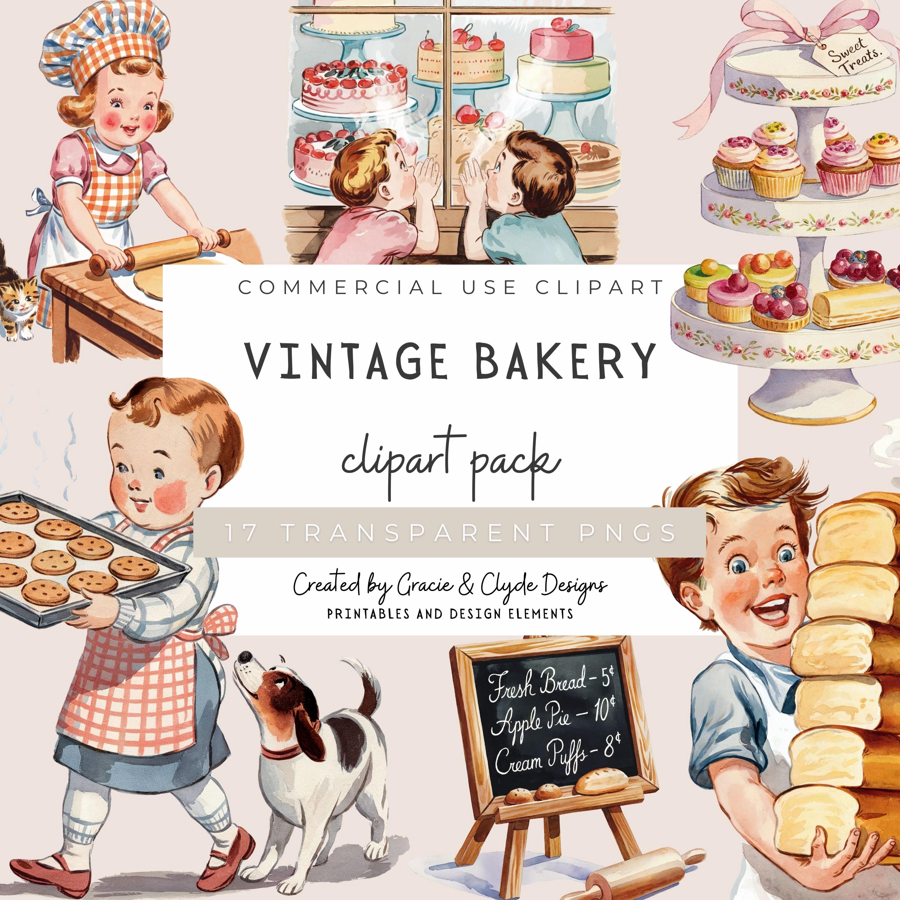 Vintage Bakery Clipart Set, 17 Pngs, Retro Baking Illustrations ...