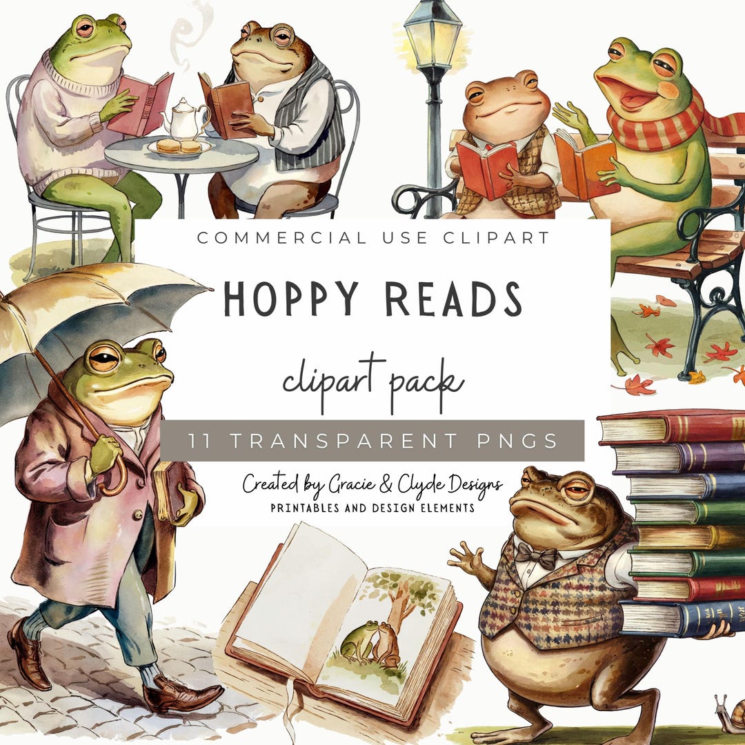 Hoppy Reads Frog & Toad Clipart Set, Frog Book Club, PNG, Whimsical ...