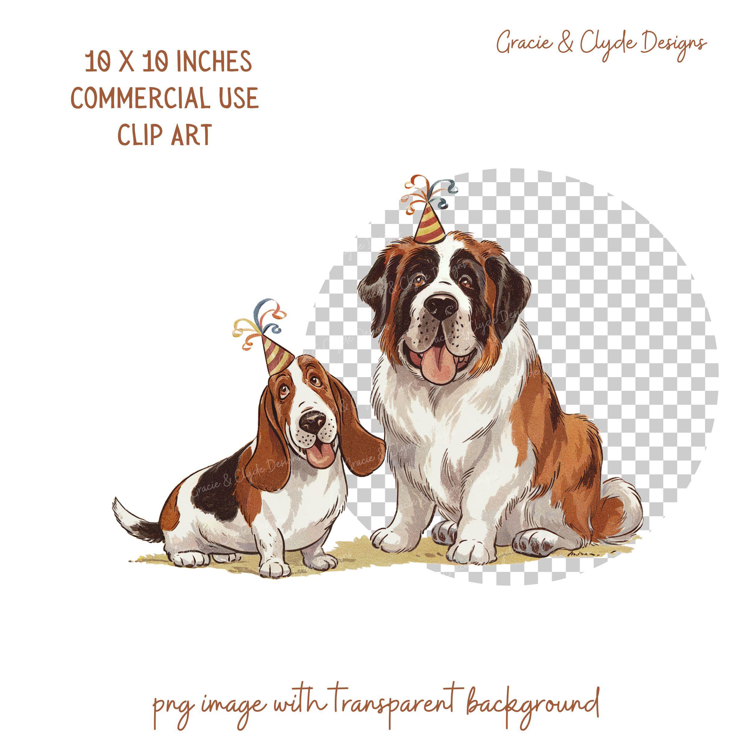 Basset Hound and Saint Bernard in Party Hats, Birthday PNG, Dog Clipart ...
