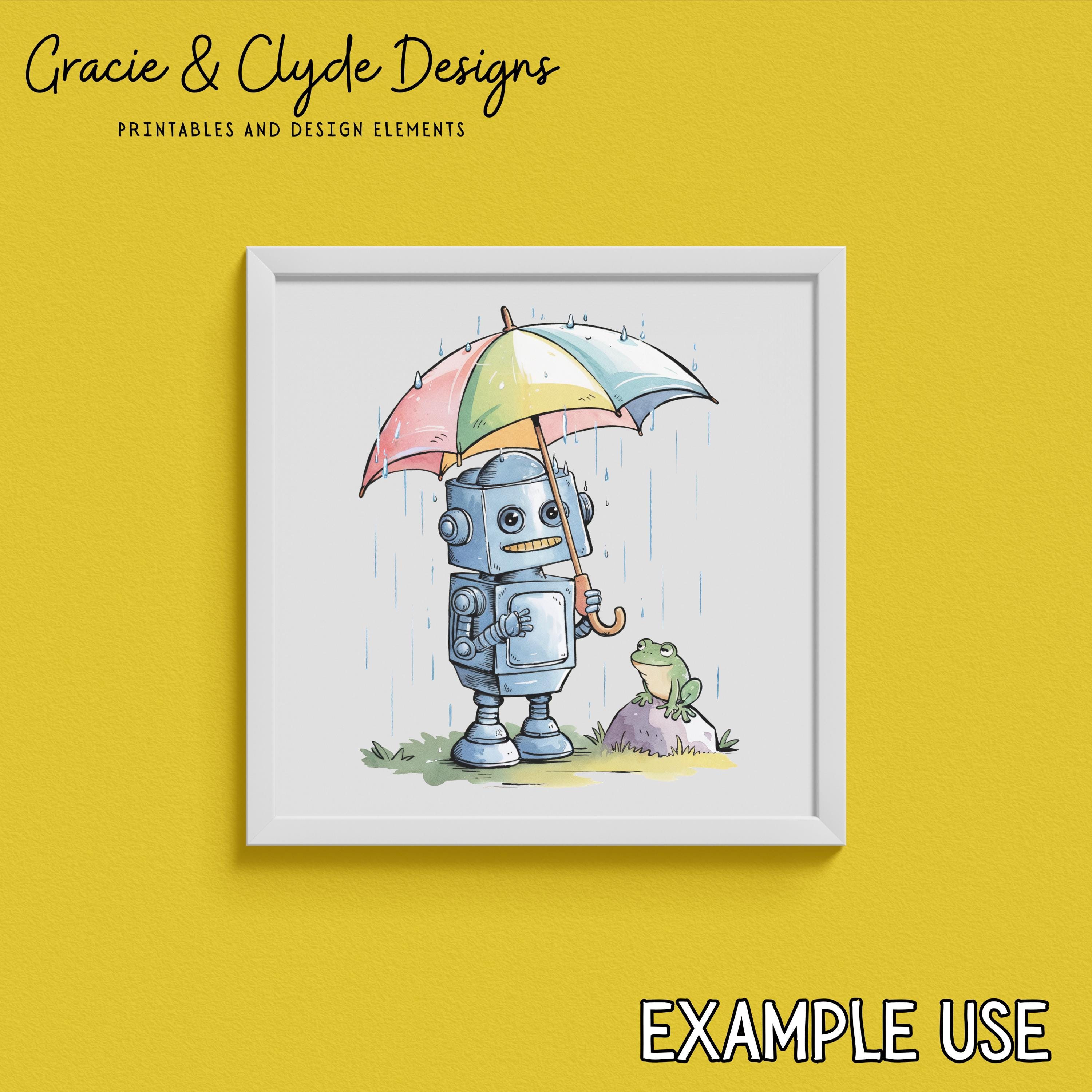 Umbrella Bot, Cute Robot Clipart, PNG, Whimsical Robot With Umbrella and Frog, Watercolor Sci-fi ...