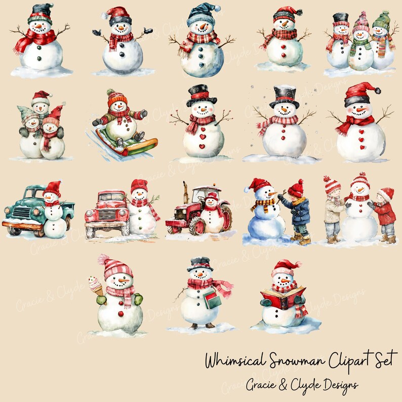 Whimsical Snowman Clipart Set for Holiday Crafts and Winter Magic, Snow ...