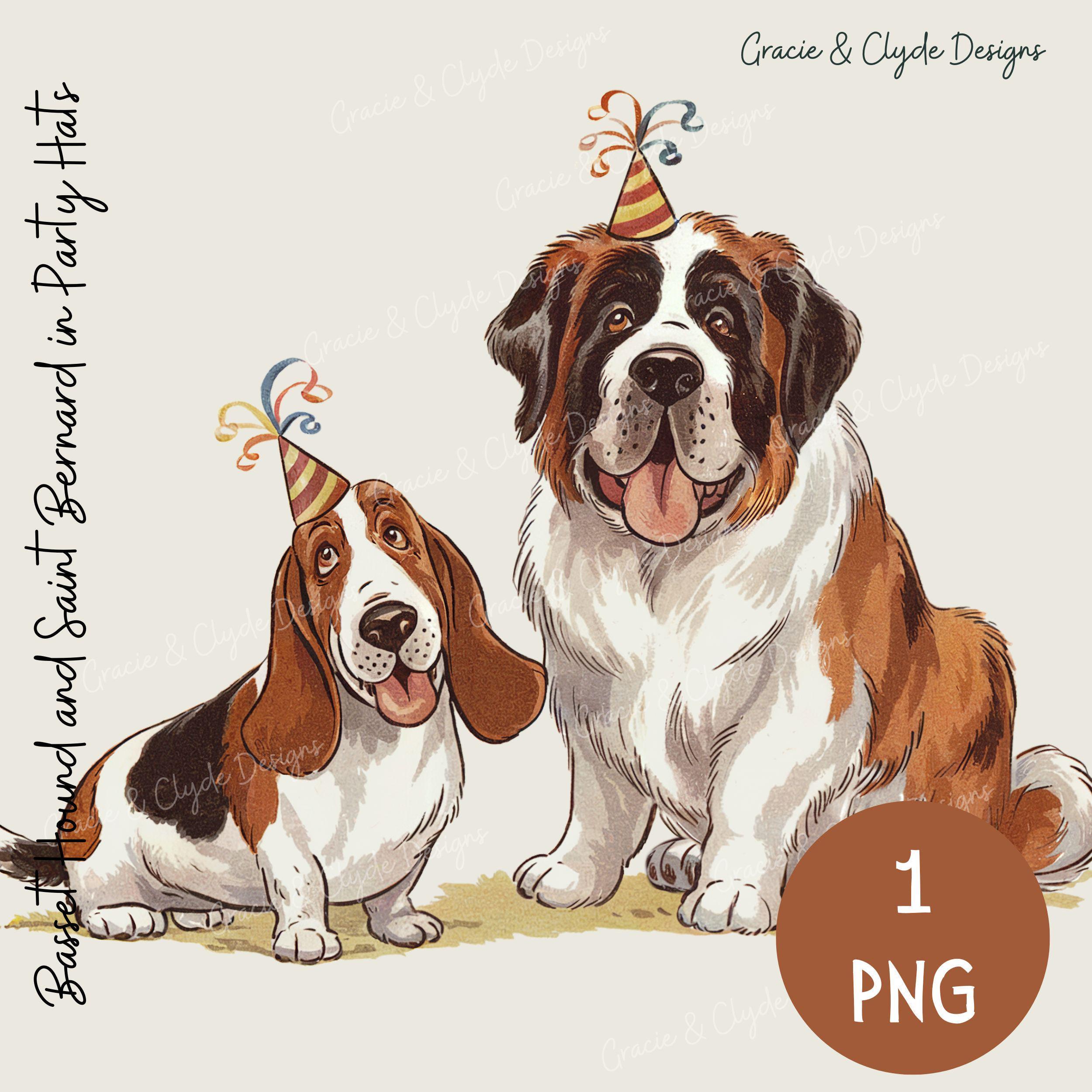 Basset Hound and Saint Bernard in Party Hats, Birthday PNG, Dog Clipart ...