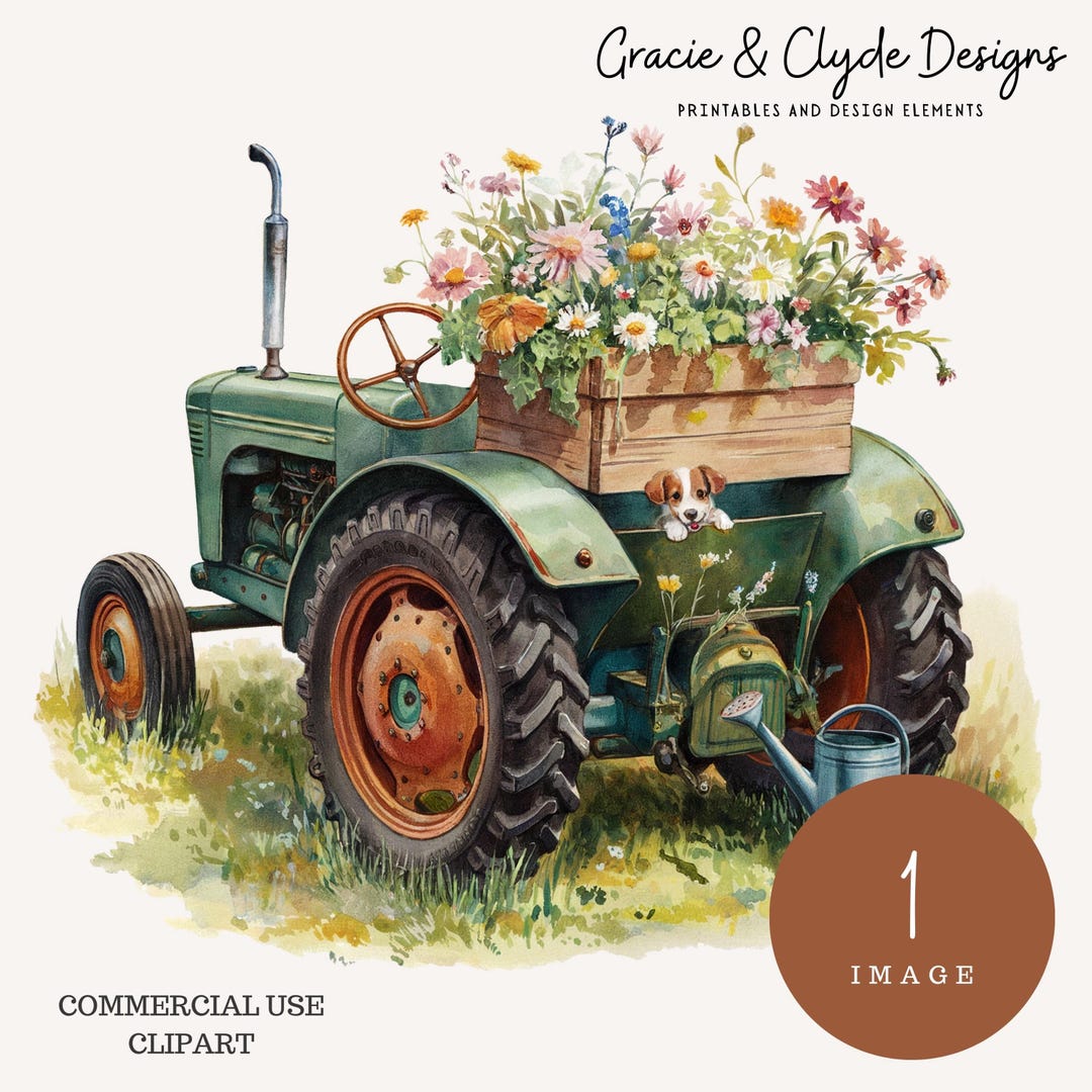 Tractor Blossoms, Watercolor Vintage Farm Tractor Clipart, PNG, Rustic ...