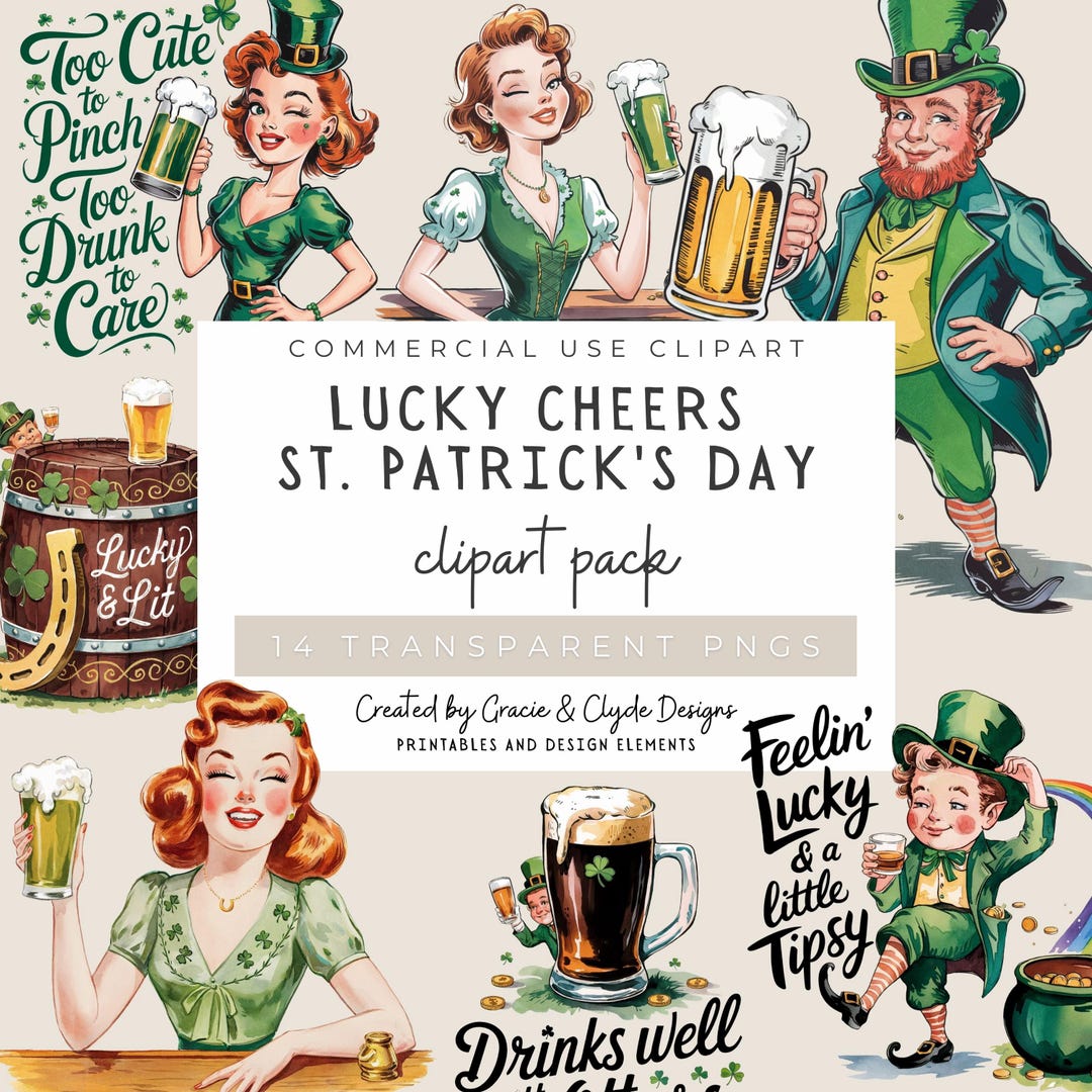 Lucky Cheers St. Patrick’s Day Clipart Set – 14 Pngs, Retro Irish Pub ...