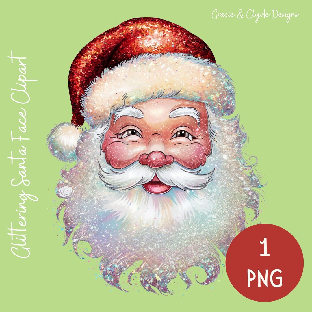 Glittering Santa Face Clip Art, Iridescent Sparkly Faux Glitter Santa ...