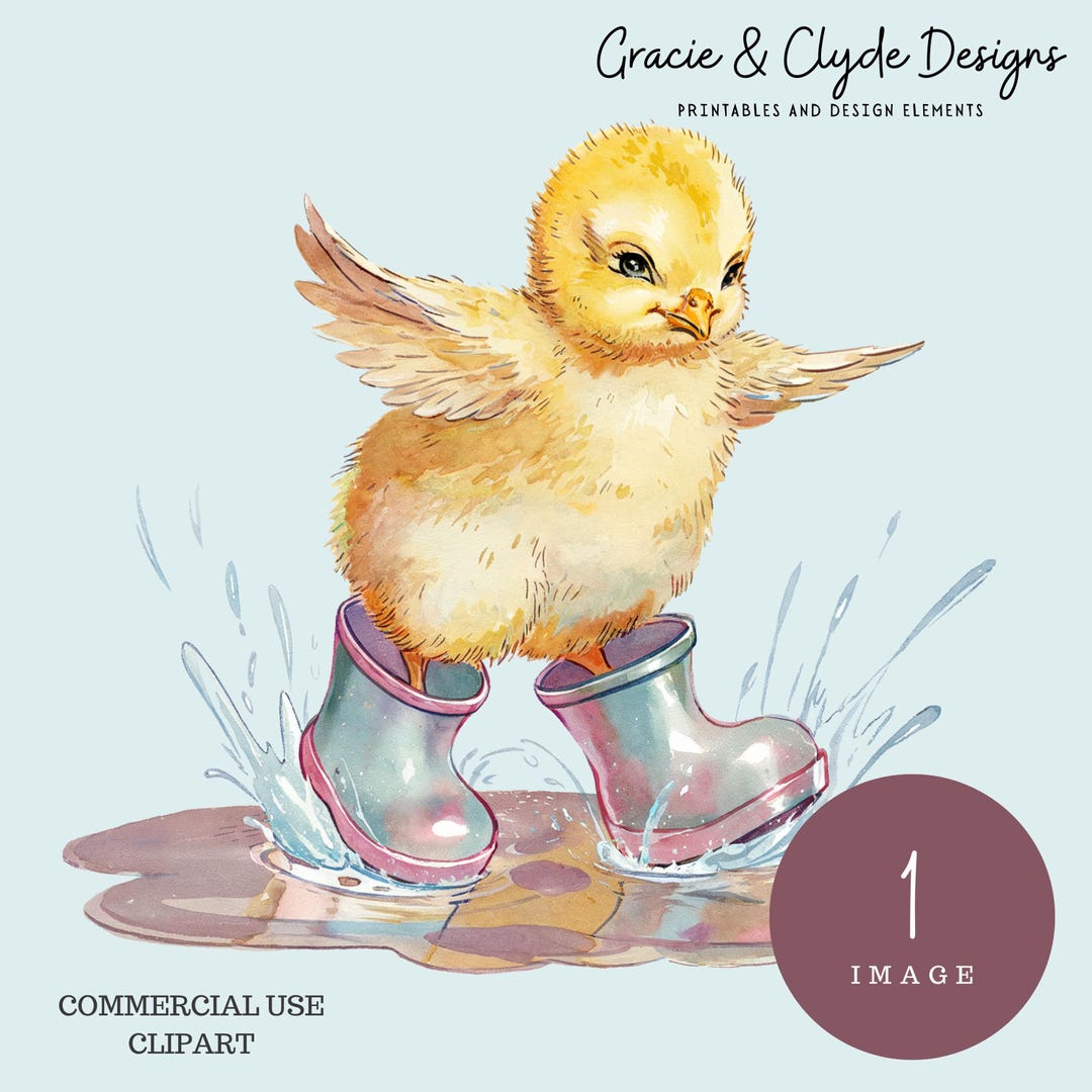 Puddle Jumper, Whimsical Chick in Rain Boots Clipart, PNG, Cute ...