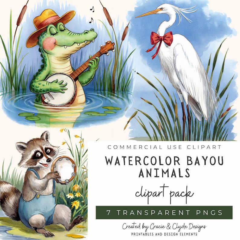 Watercolor Bayou Animals Clipart | Swamp Band Animal Illustrations | 7 ...