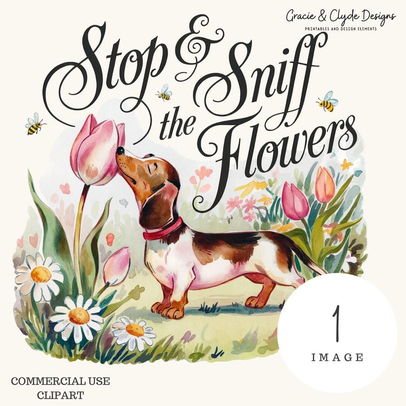 Dachshund Spring Clipart | Stop & Sniff the Flowers | Dog and Tulips ...