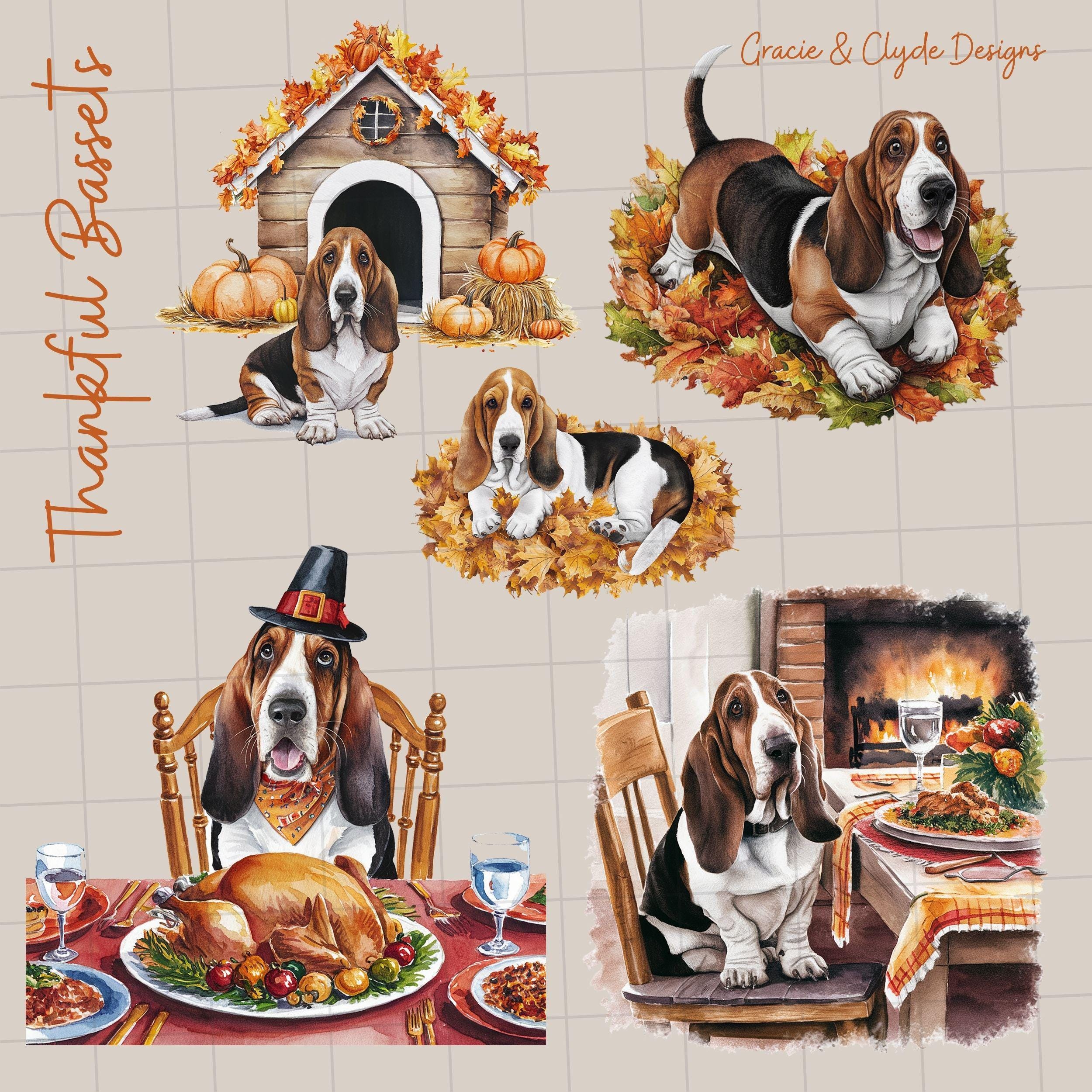 Watercolor Thankful Bassets Clipart Pack, 5 Pngs, Cute Dog Clipart ...