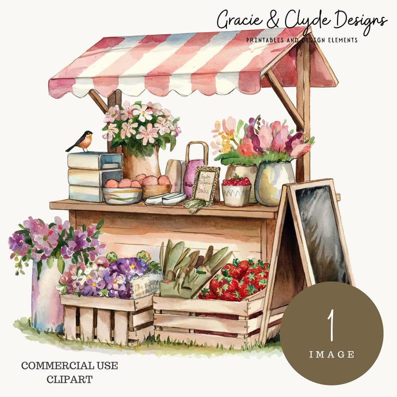 Market Day Whimsy, Watercolor Farmers Market Stand Clipart, PNG ...