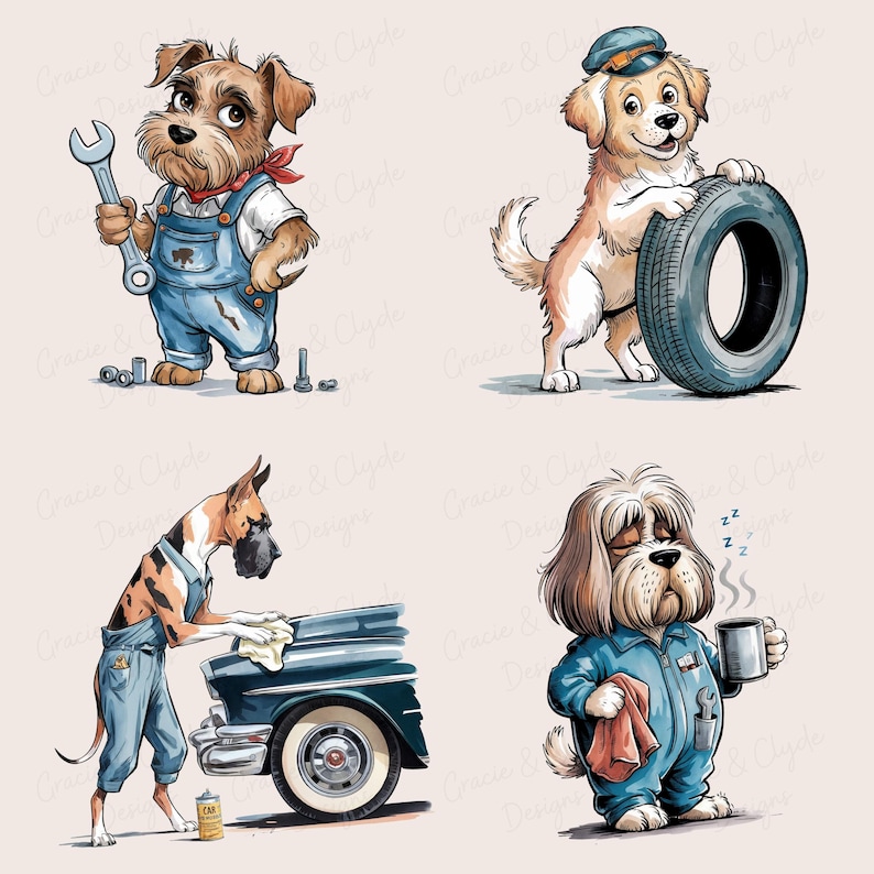 Mechanic Dog Clipart | Vintage Garage Dogs | Car Repair PNG Set ...