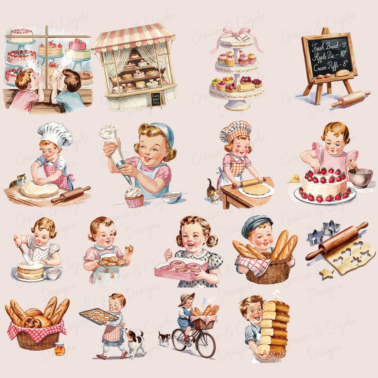 Vintage Bakery Clipart Set, 17 Pngs, Retro Baking Illustrations ...