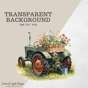 Tractor Blossoms, Watercolor Vintage Farm Tractor Clipart, PNG, Rustic ...
