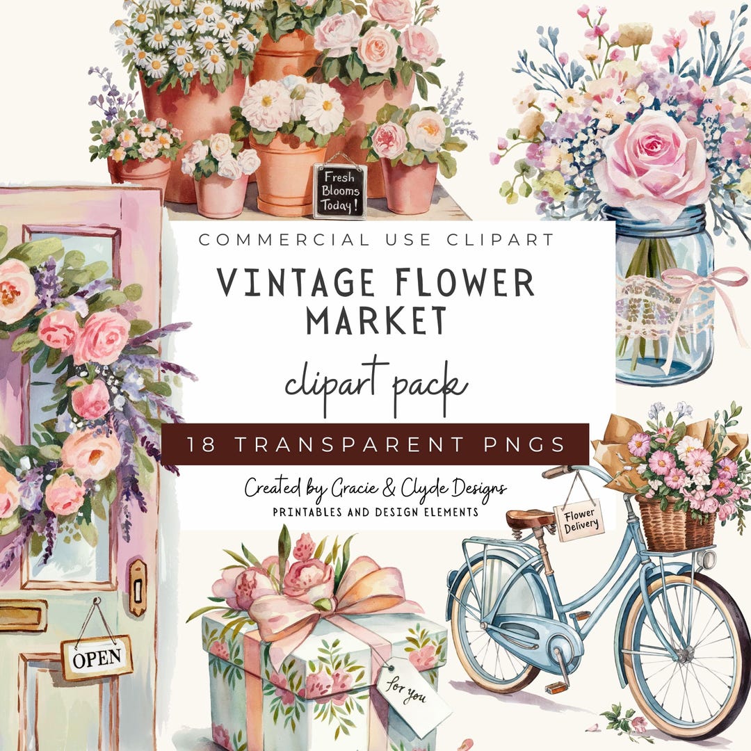 Vintage Flower Market Clipart | Floral Watercolor Illustrations | Retro ...