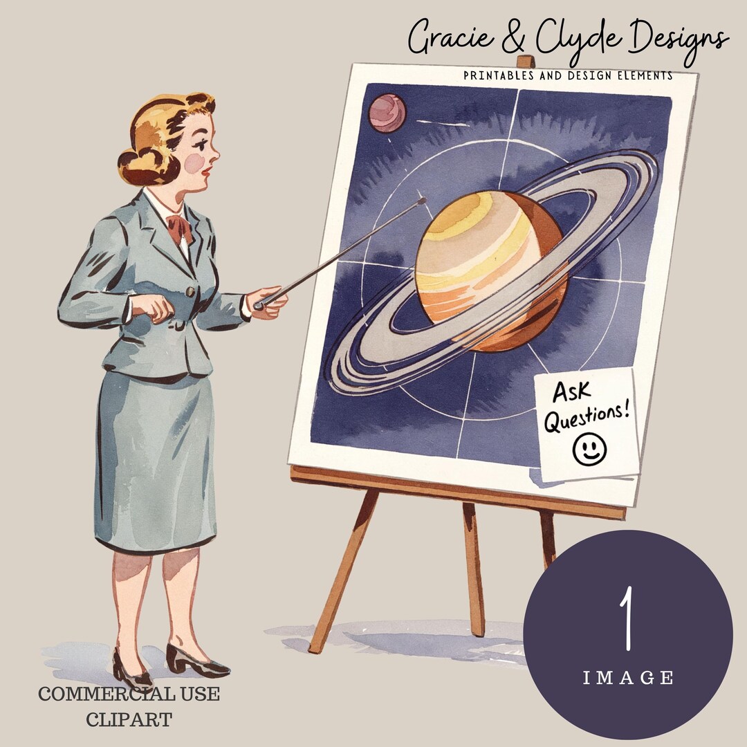 Retro Space Teacher Clipart | Vintage Saturn Planet Poster | Watercolor ...