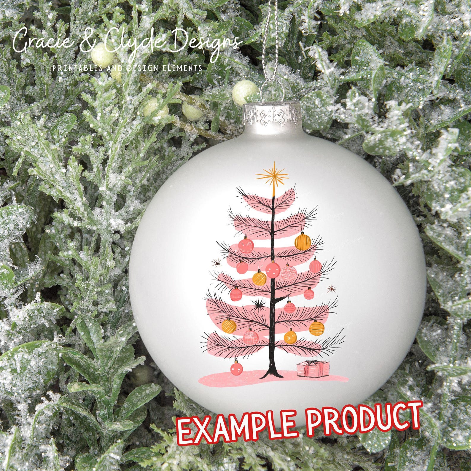 Retro Pink Christmas Tree Clipart With Vintage Ornaments and Mid ...