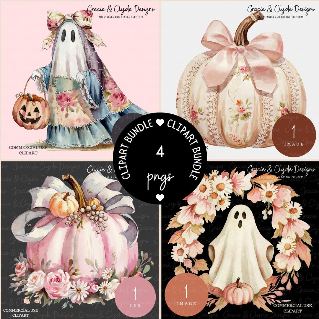 Coquette Halloween Clipart Bundle – Shabby Chic Ghost & Pumpkin Floral ...