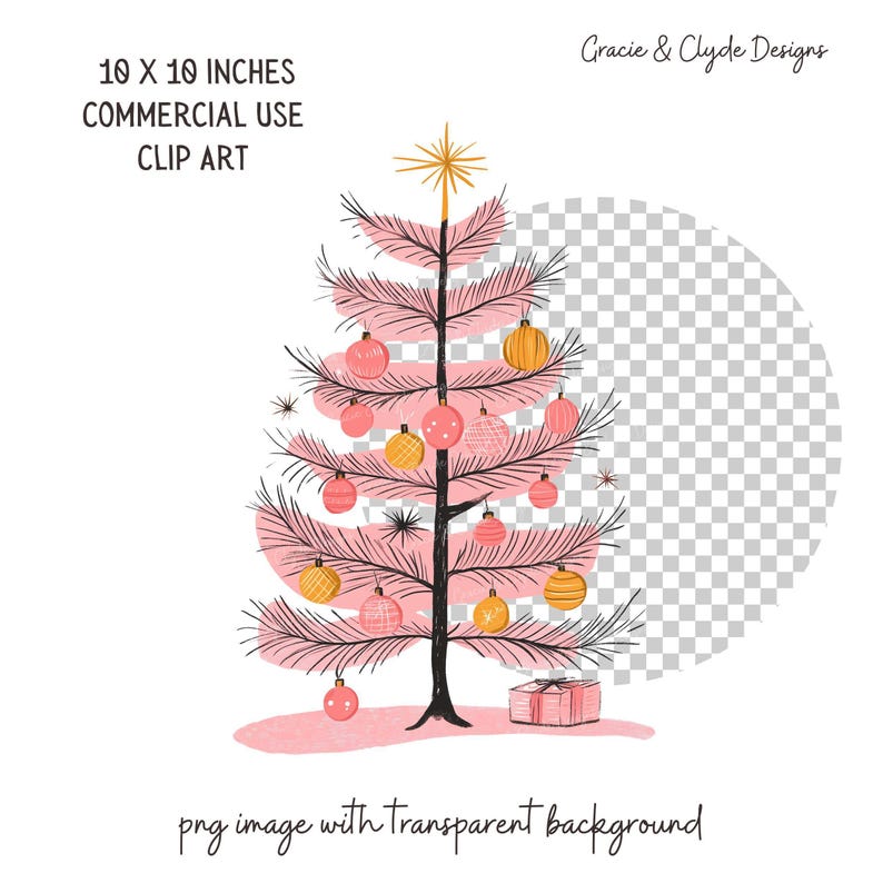 Retro Pink Christmas Tree Clipart With Vintage Ornaments and Mid ...