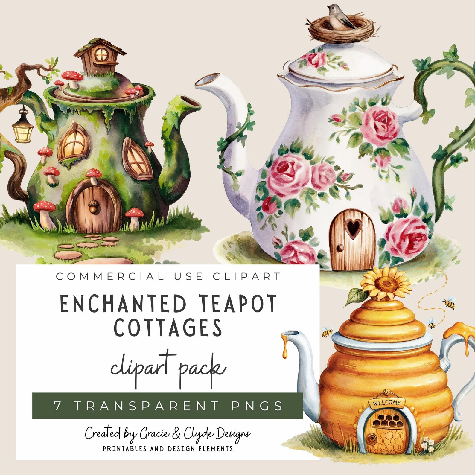 Enchanted Teapot Cottages, Whimsical Fairy House Clipart, PNG ...