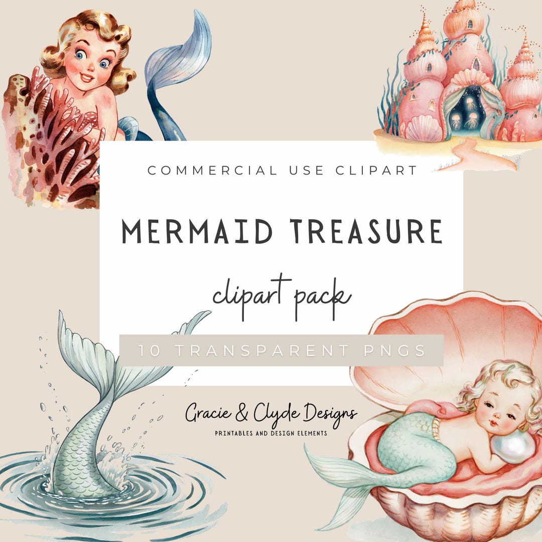 Mermaid Treasure Clipart Set, PNG, Vintage Ocean Illustrations for ...