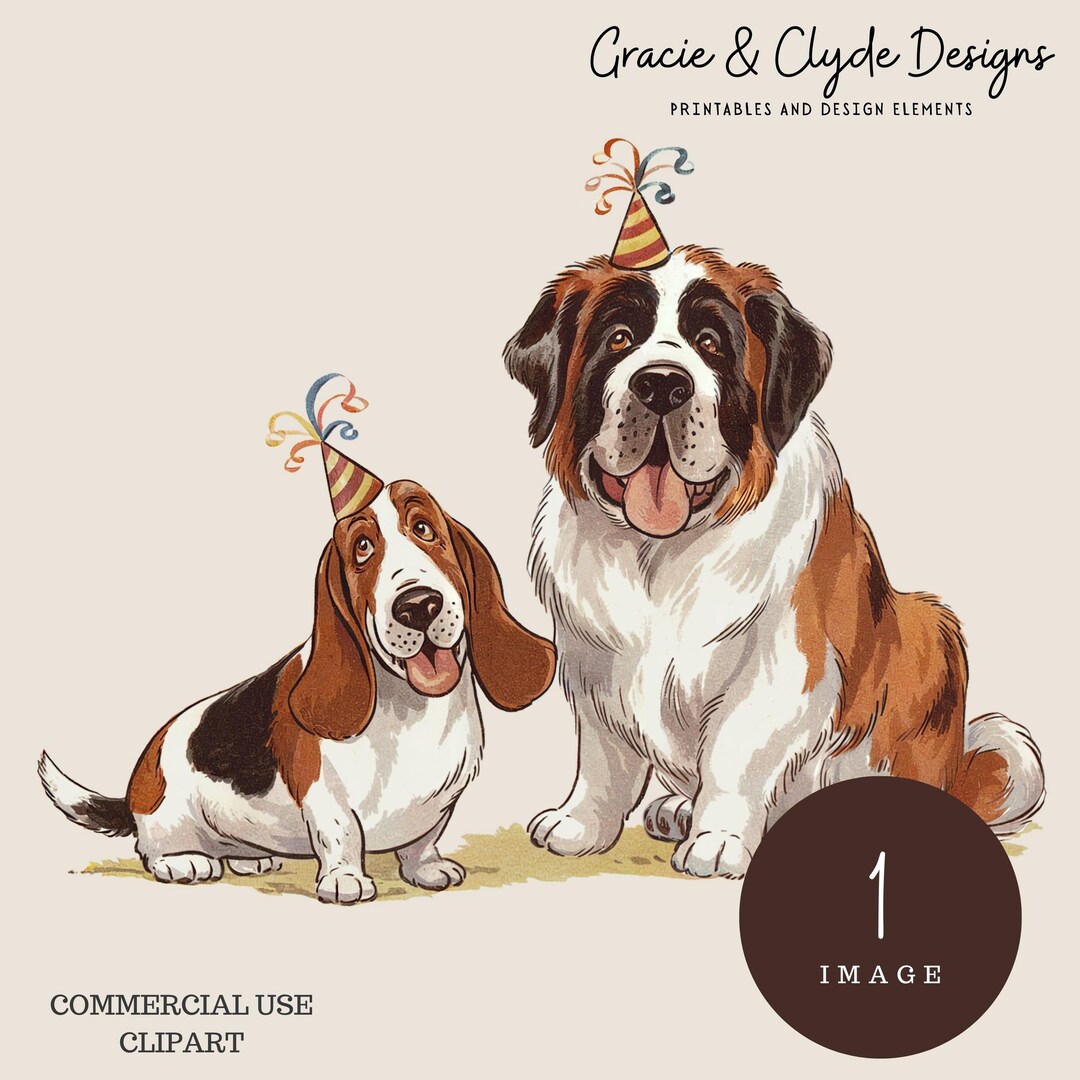 Party Dog Clipart | St Bernard & Basset Hound Birthday PNG | Cute Dog ...