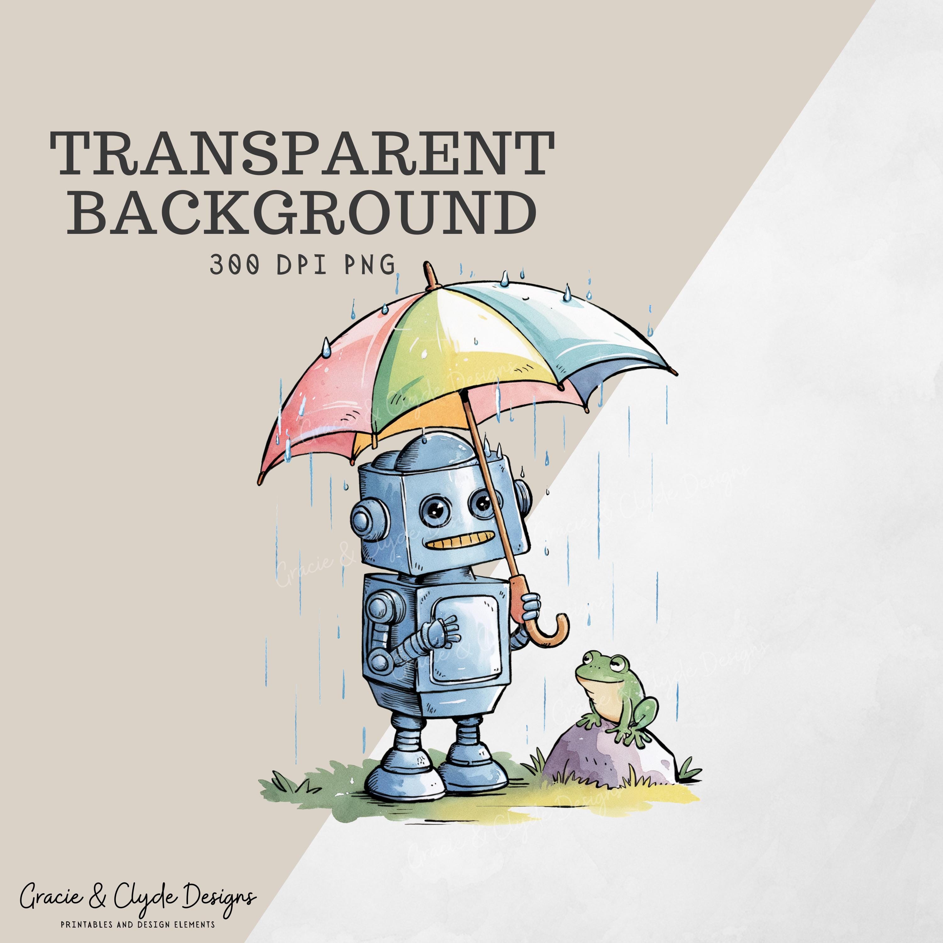 Umbrella Bot, Cute Robot Clipart, PNG, Whimsical Robot With Umbrella and Frog, Watercolor Sci-fi ...